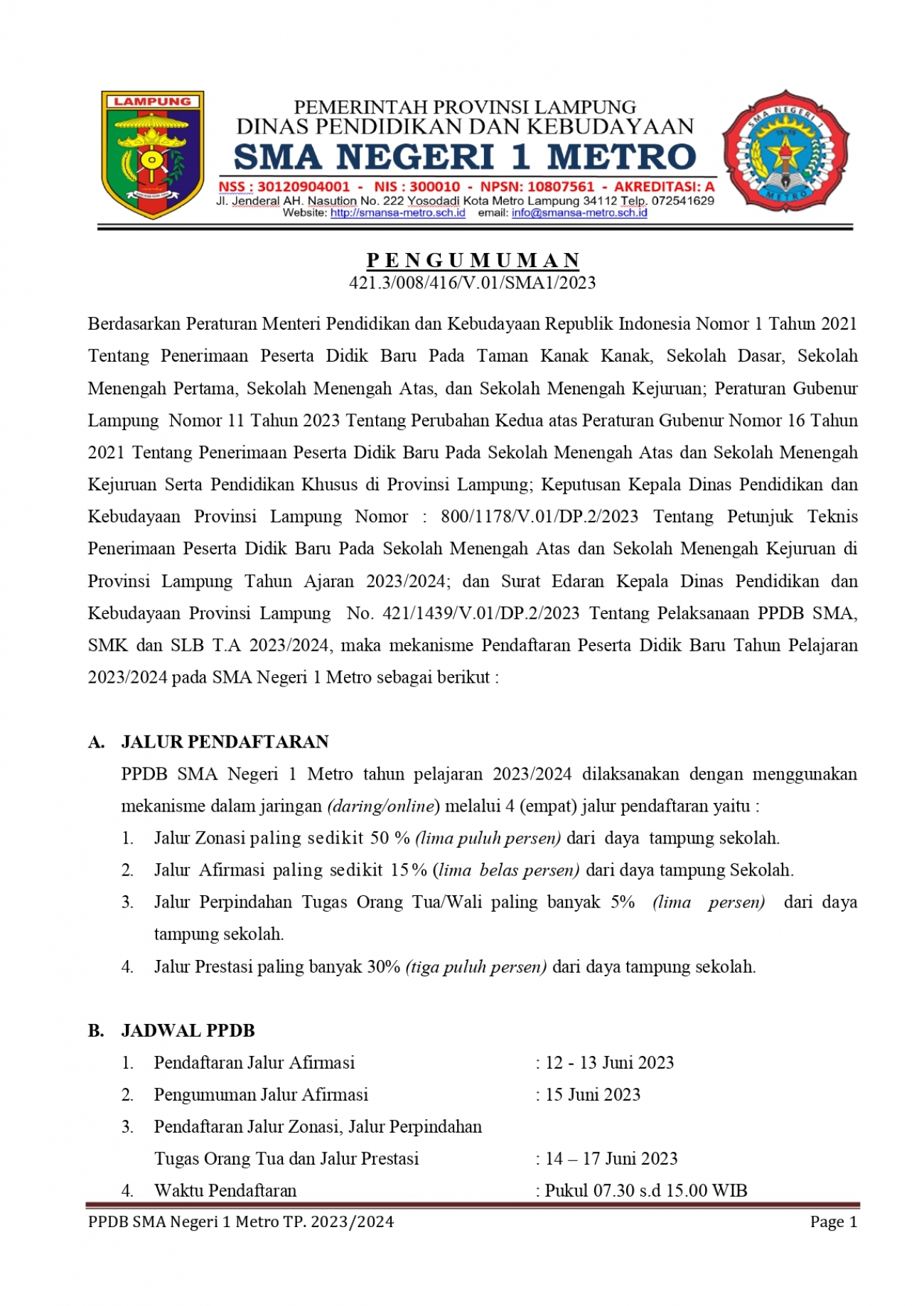SMAN 1 METRO LAMPUNG - PENGUMUMAN PENERIMAAN PESERTA DIDIK BARU SMA ...